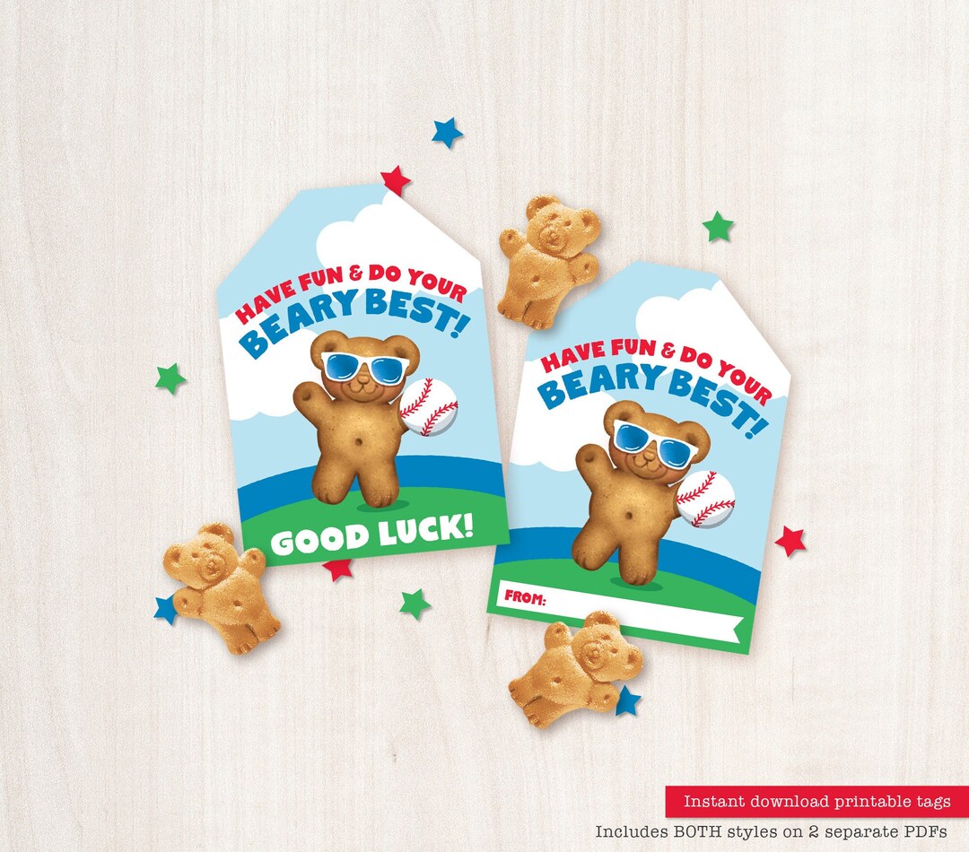 Printable Baseball Team Bear Teddy Graham Cookies Treat Tag Good Luck ...