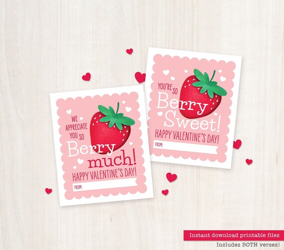 PRINTABLE Strawberry Valentine's Day Cards for Students or Teachers ...