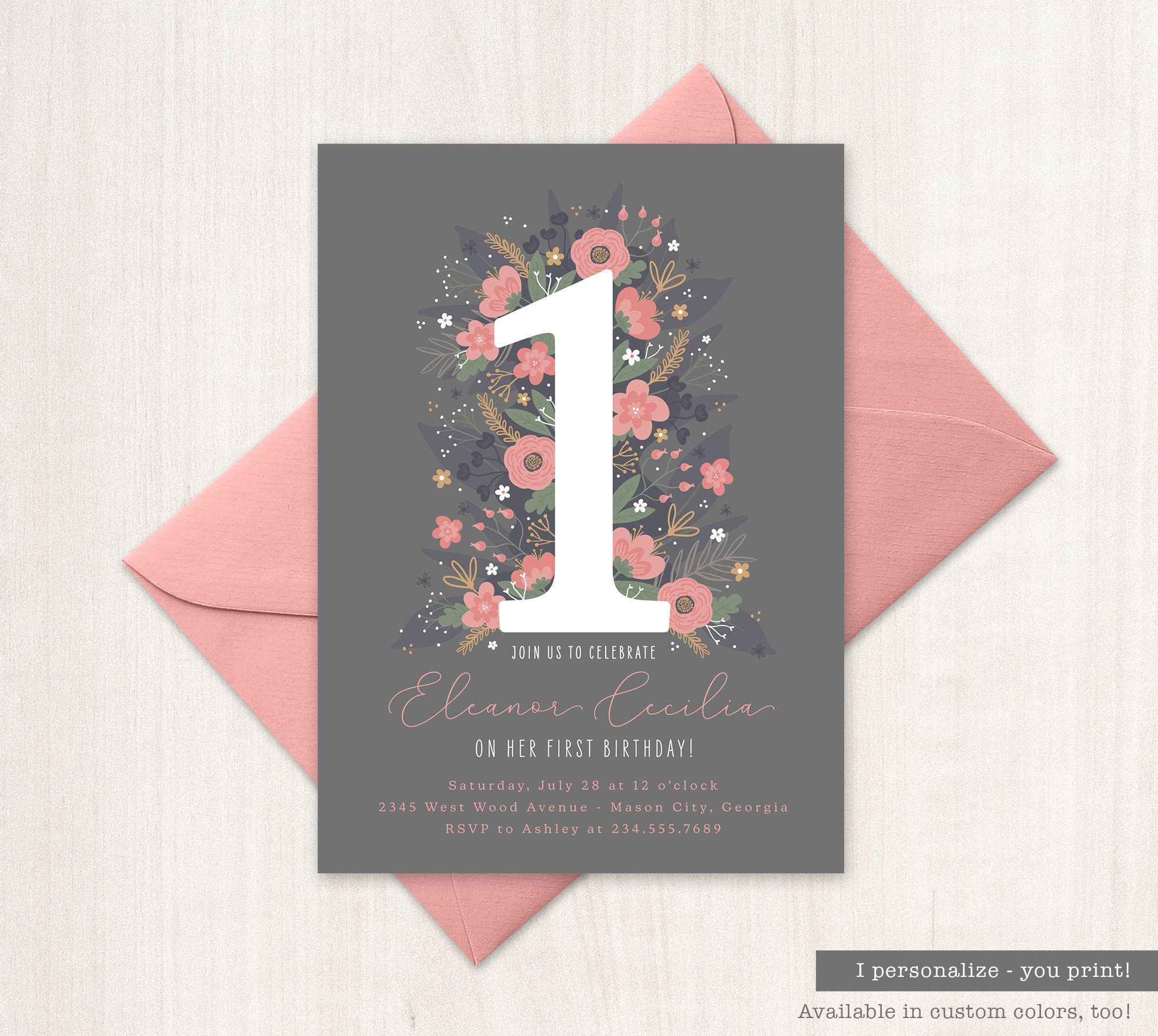 Printable First Birthday Girl Invitation Baby's First Birthday Party ...