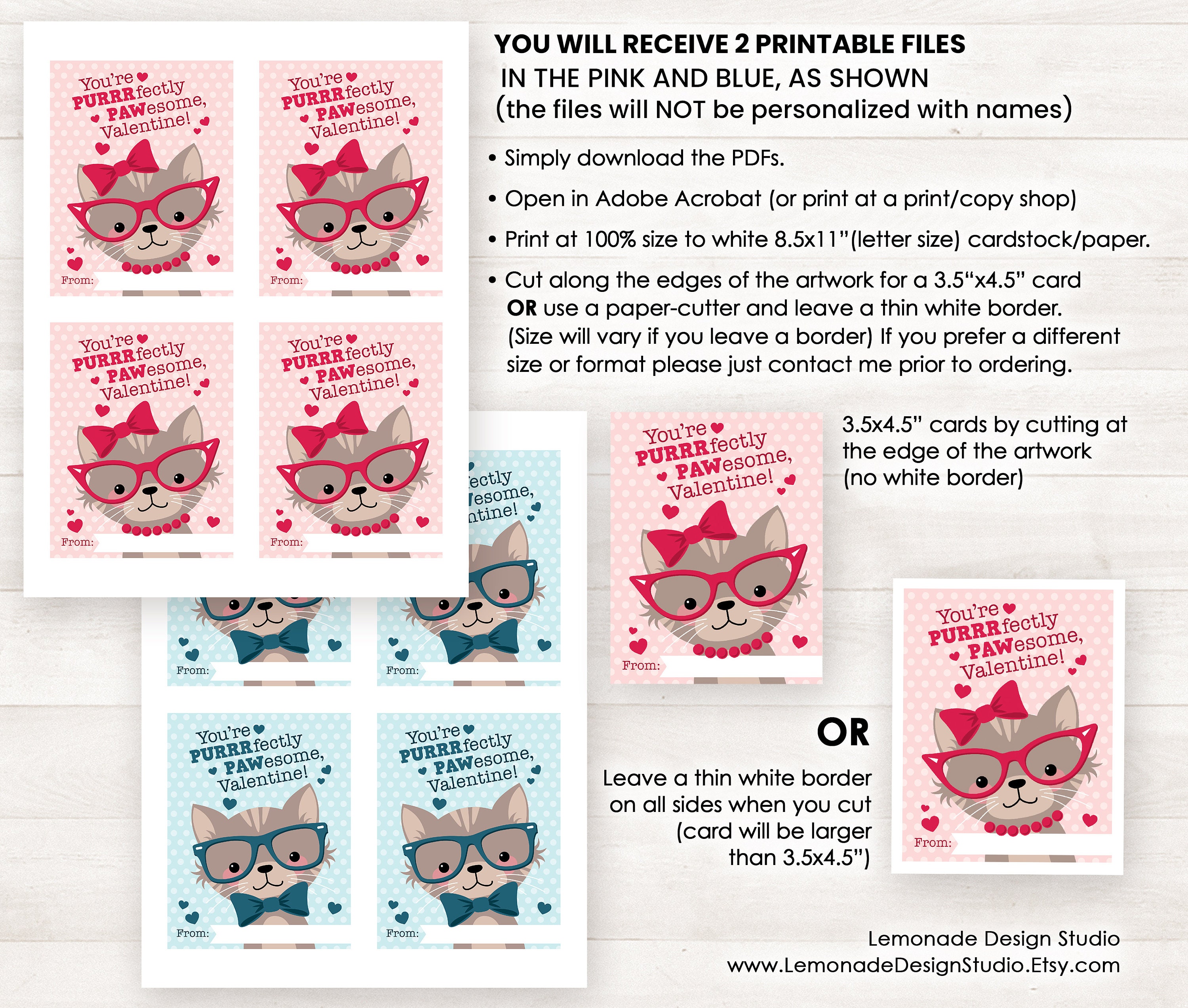 PRINTABLE Valentine Cards Kids Cat Valentines for Kids | Etsy