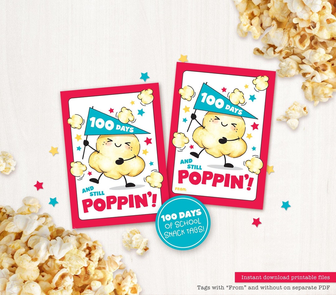 100 Days of School Printable Popcorn Snack Tag Classroom Gift for ...