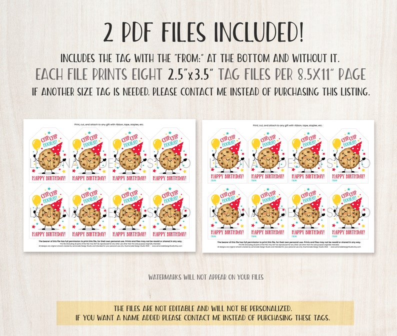 Printable Birthday Gift Tags Treat Bag Chocolate Chip Cookie Tags ...