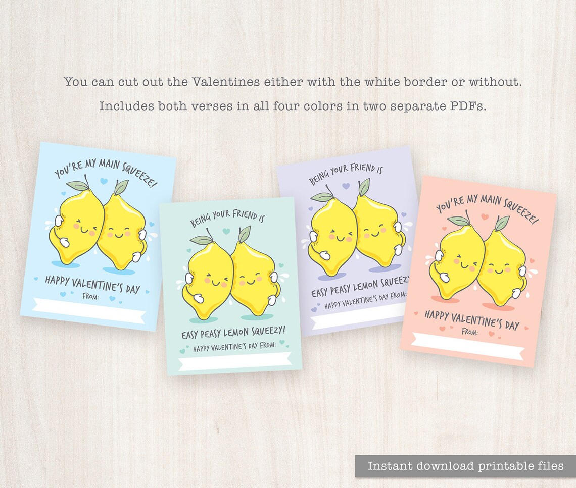 PRINTABLE Valentine Cards Kids Lemon Valentines Classroom Valentines ...