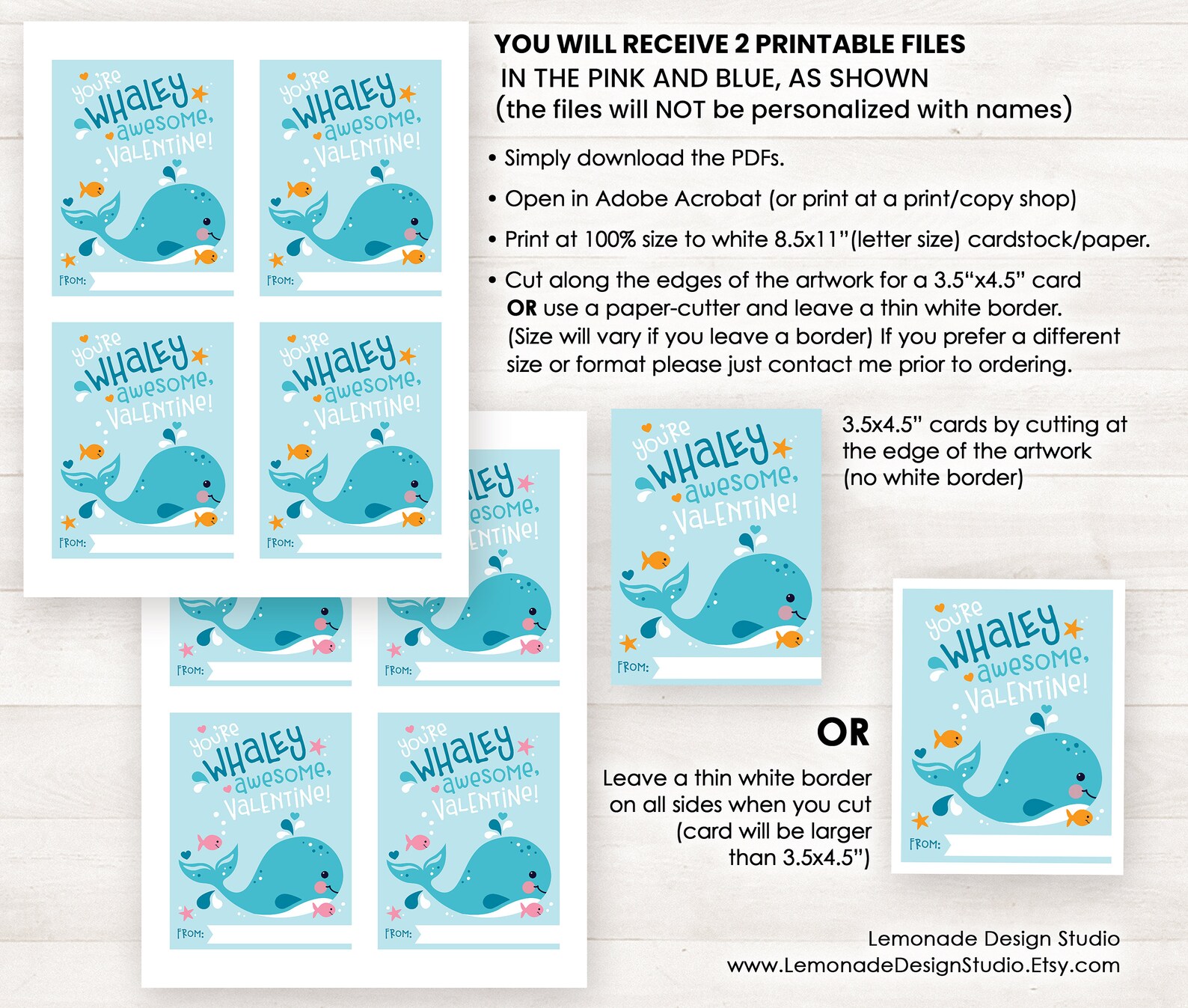 PRINTABLE Valentine Cards Kids Whale Valentines Classroom Valentines ...