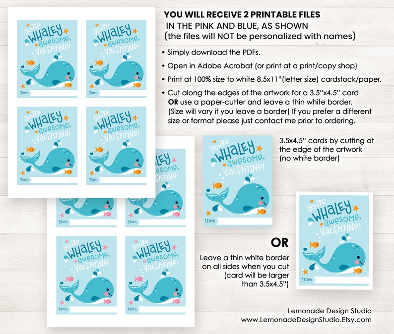 PRINTABLE Valentine Cards Kids Whale Valentines Classroom Valentines ...