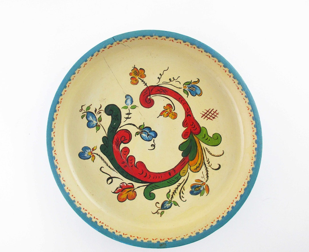 Wood Bowl Tole Painted Bowl Blue Outside 1951 'K.O.Y.' Tole Painting ...