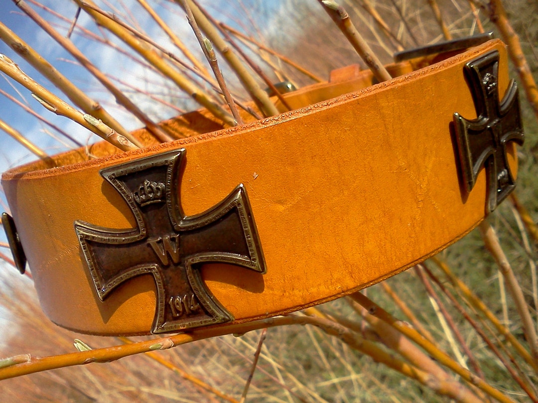 Leather Dog Collar 1.5" With Maltese Crosses Antique Brass Hardware in ...