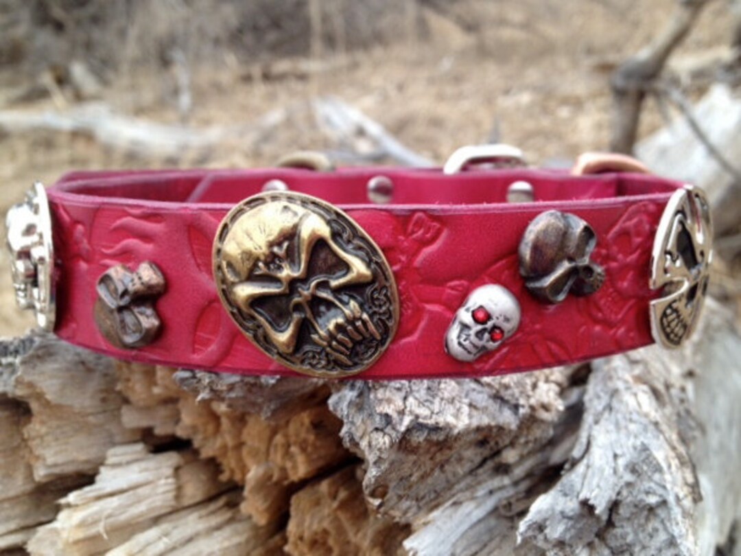 Leather Dog Collar Multiple Skull Designs and Multiple Skull Hardware ...