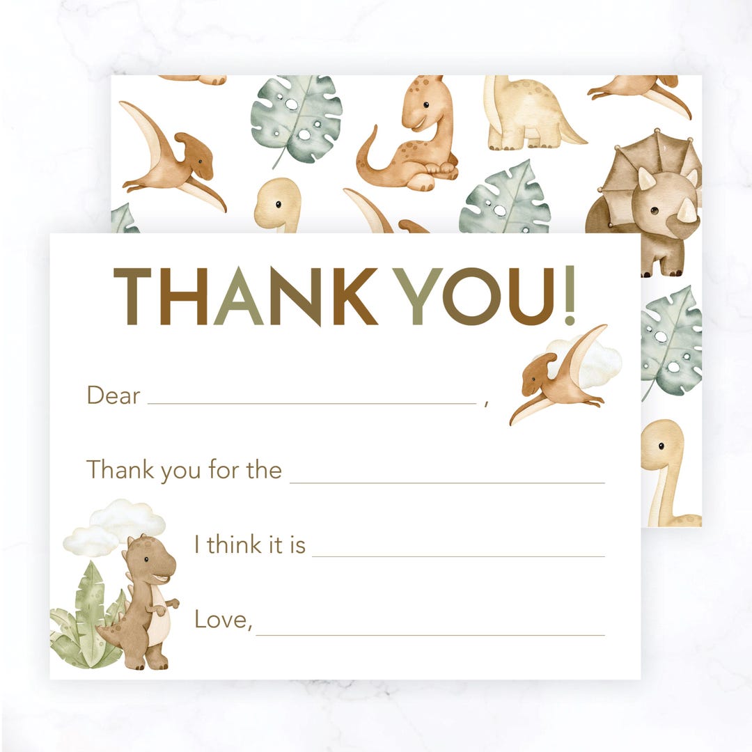 Dinosaur Fill in the Blank Thank You Card Kids Birthday Fill in Thank ...