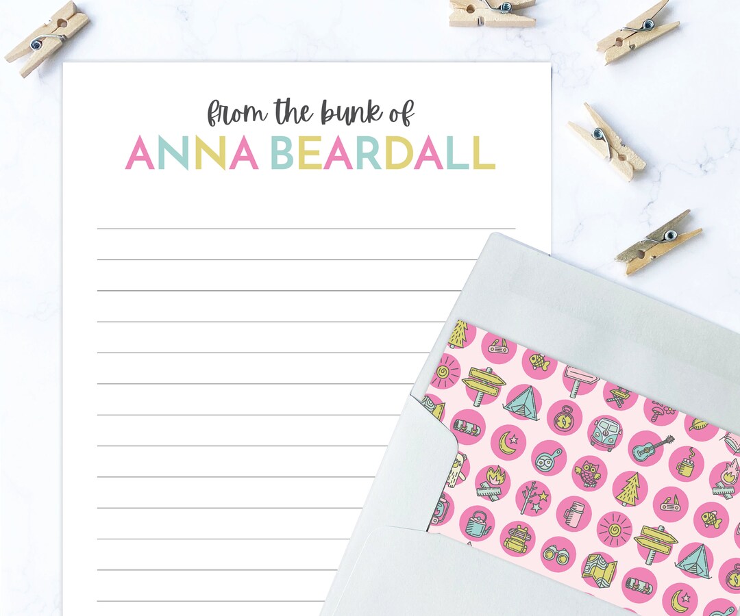 Camp Letter Writing Set Personalized Camp Lined Stationery Paper for ...