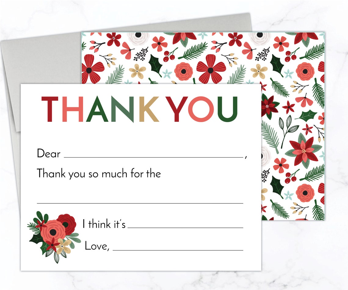 Kids Christmas Fill in the Blank Thank You Cards | Girls Floral ...