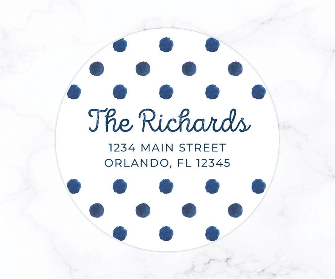 Round Return Address Labels | Navy Blue Polka Dot Personalized Return ...