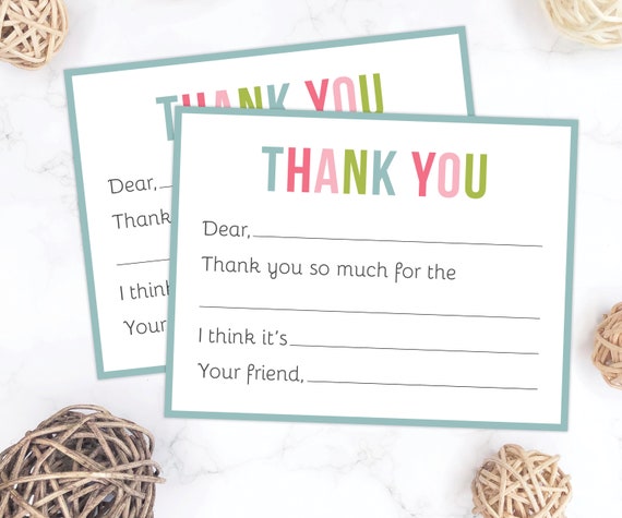 Kids Fill in the Blank Thank You Cards Girls Birthday Fill | Etsy