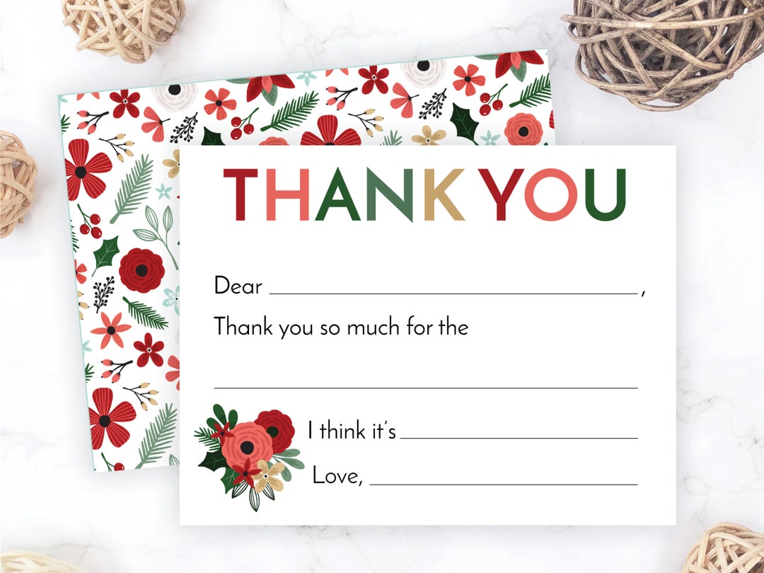 Kids Christmas Fill in the Blank Thank You Cards | Girls Floral ...
