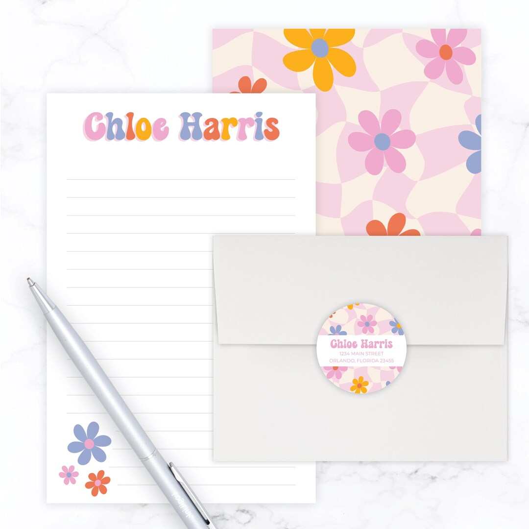 Kids Letter Writing Set | Retro Flower Pink Checkered Girls Stationery ...
