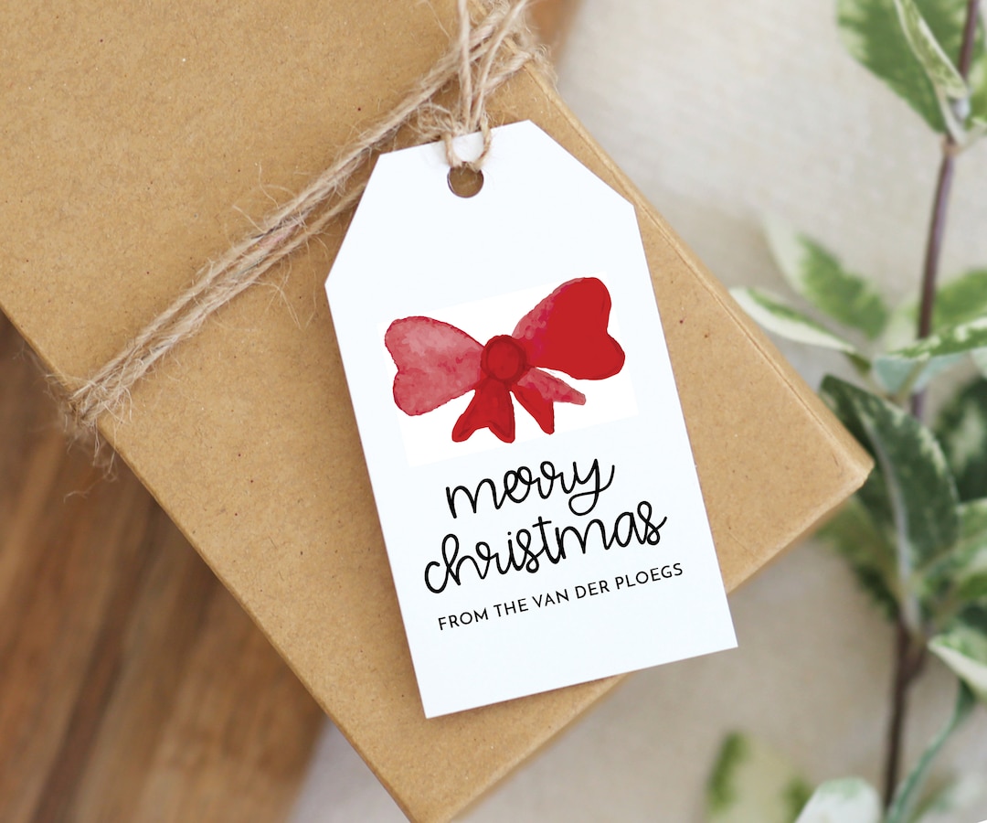 Personalized Christmas Gift Tag | Red Bow Holiday Gift Tag | Rectangle ...
