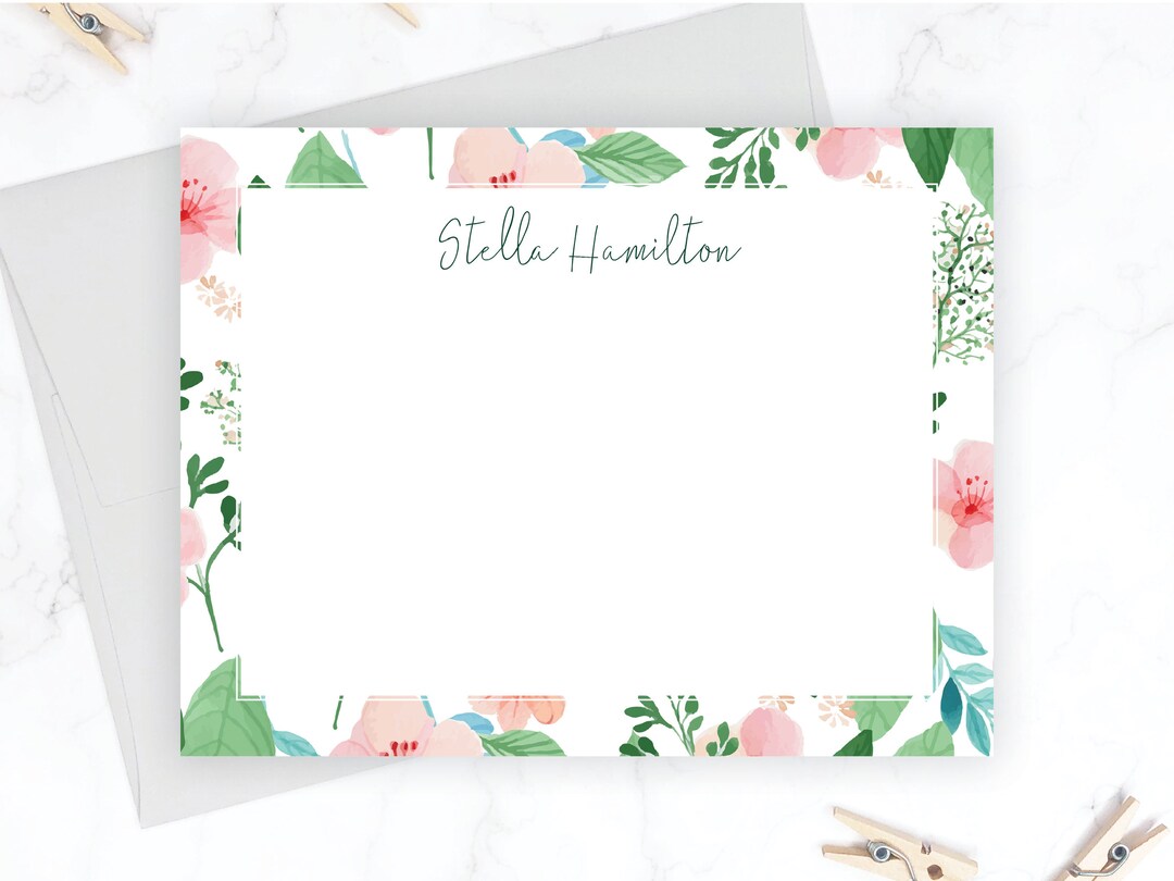 Pink Watercolor Floral Stationery Stationary Personalized Note Cards ...