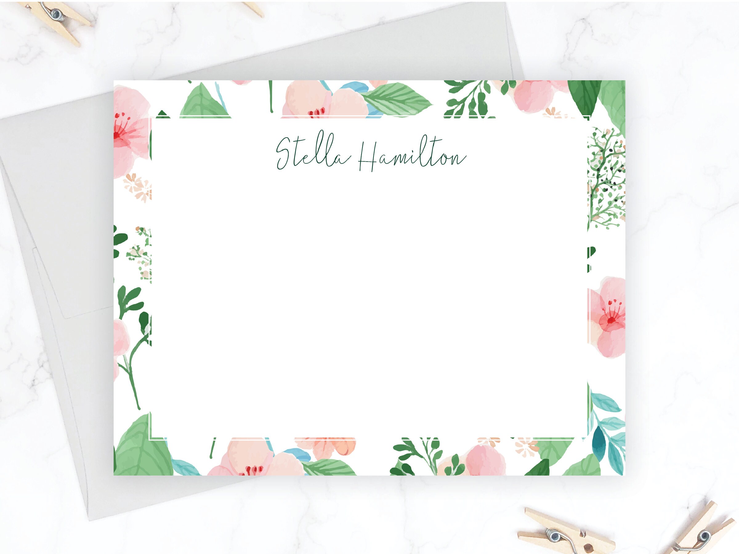 Pink Watercolor Floral Stationery Stationary Personalized Note | Etsy