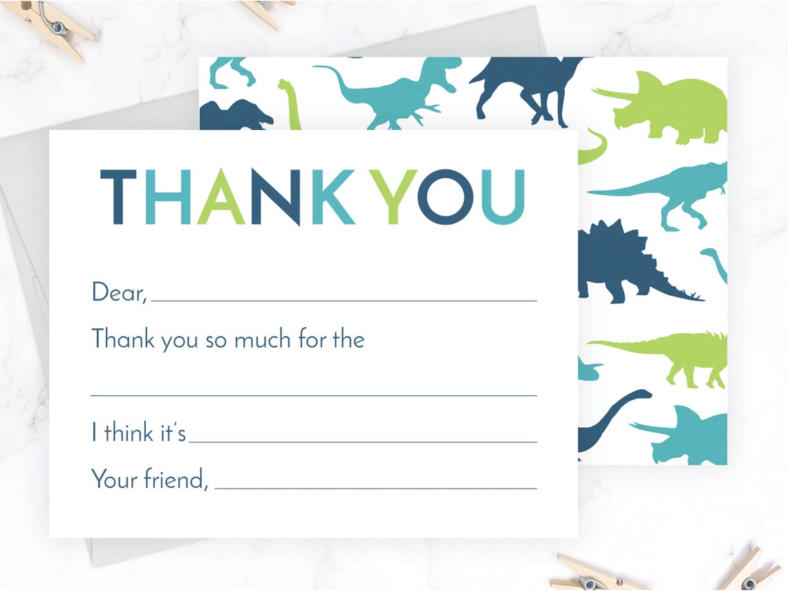Dinosaur Fill in the Blank Thank You Card | Kids Birthday Fill in Thank ...