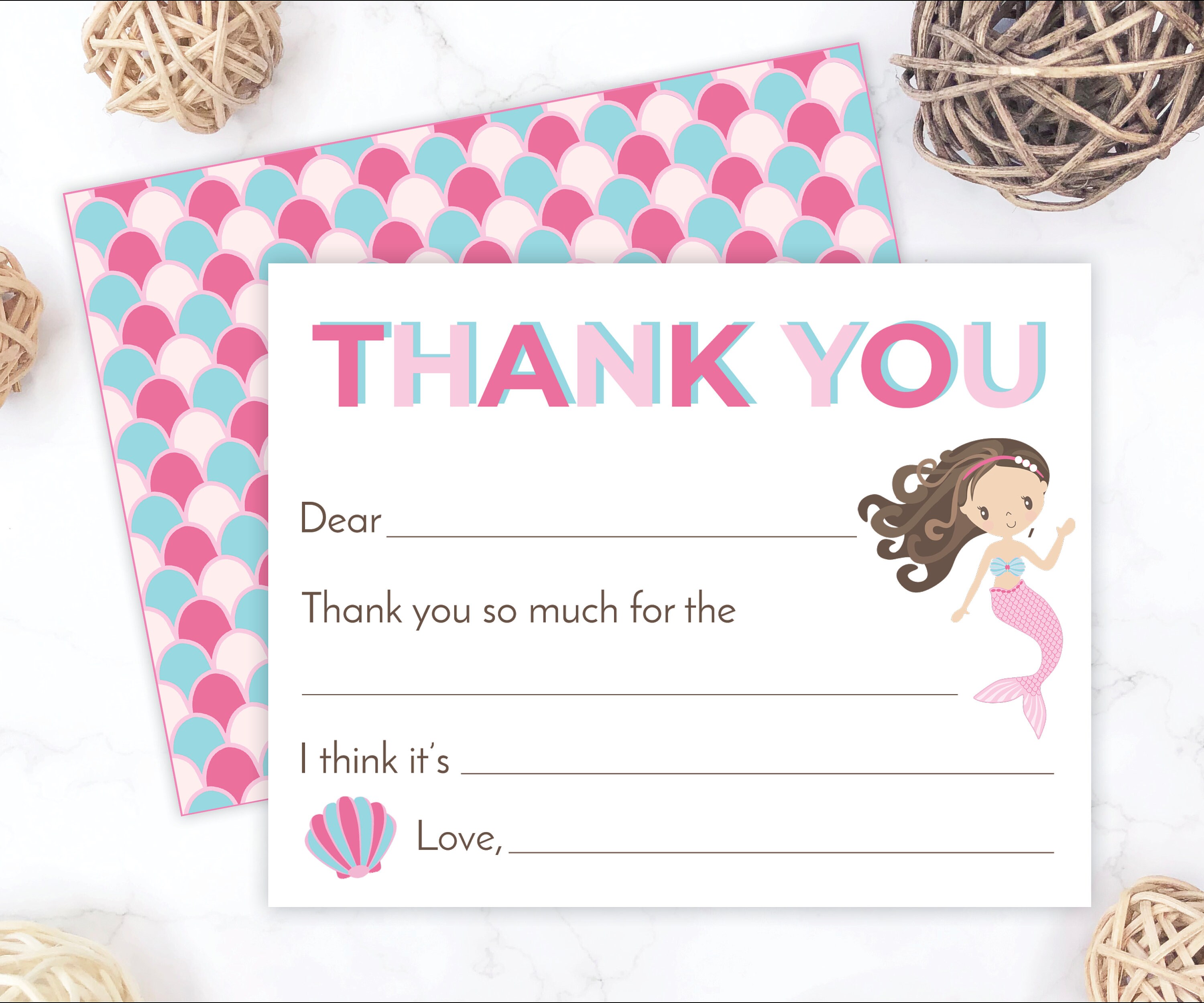 Mermaid Fill in the Blank Kids Thank You Card Brunette - Etsy