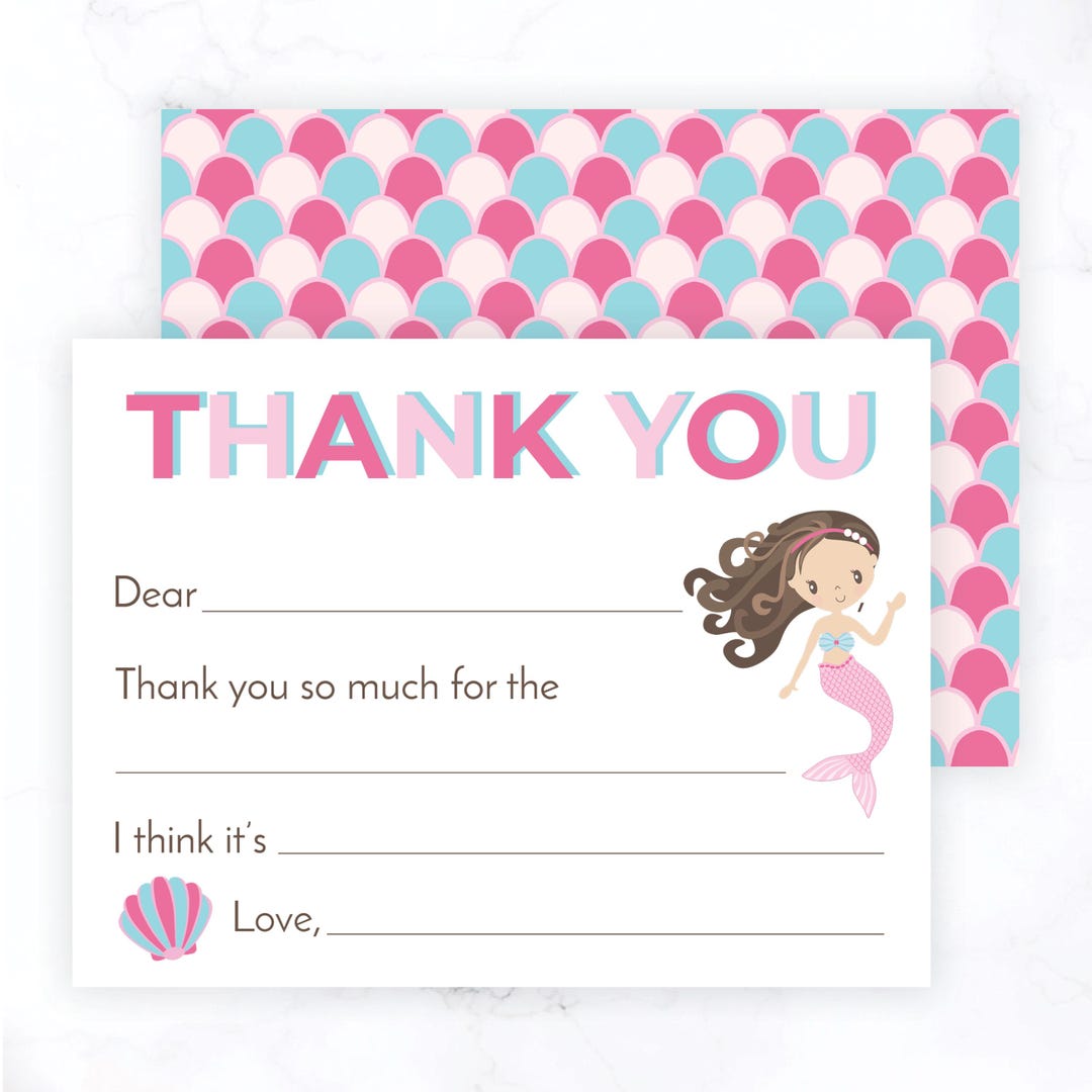 Mermaid Fill in the Blank Kids Thank You Card | Brunette Mermaid Thank ...