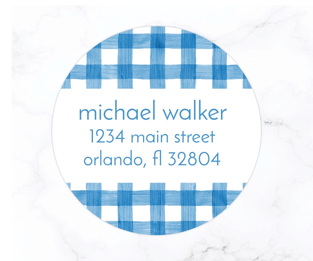 Blue Gingham Return Address Labels | Buffalo Check Gingham Round ...