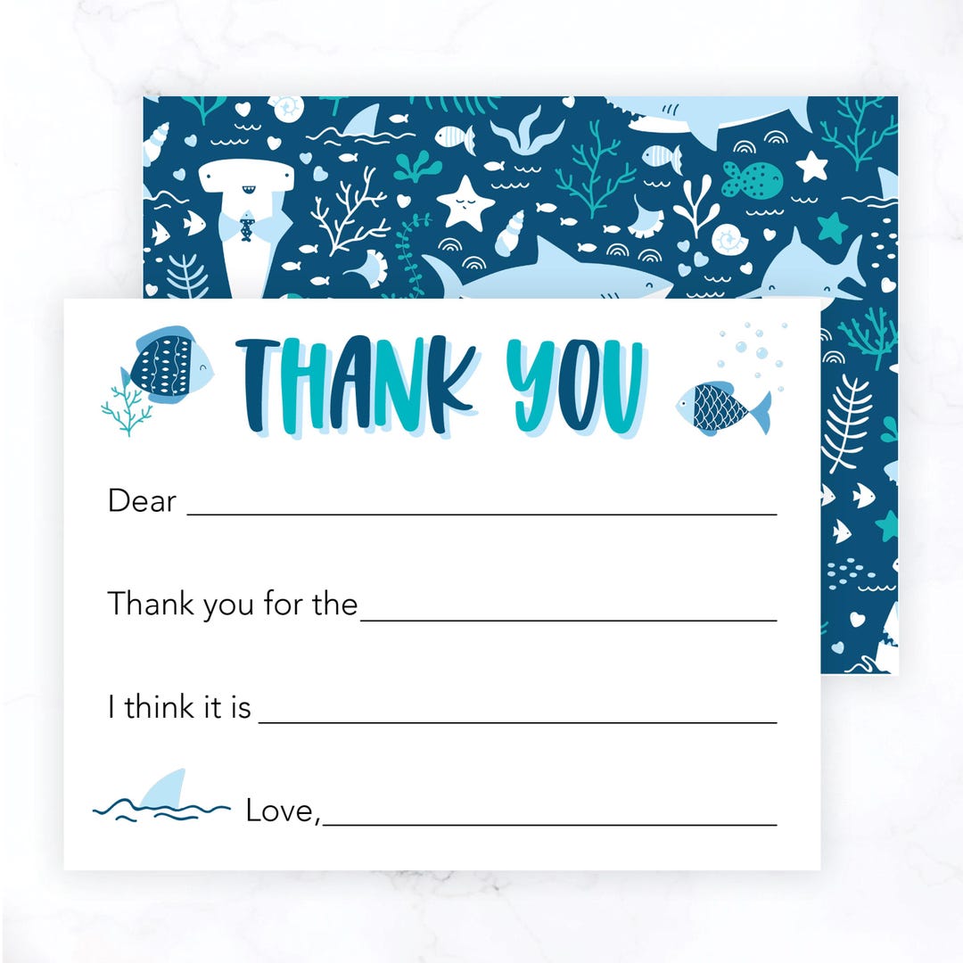 Kids Fill in the Blank Thank You Cards | Shark Thank You Notes | Ocean ...