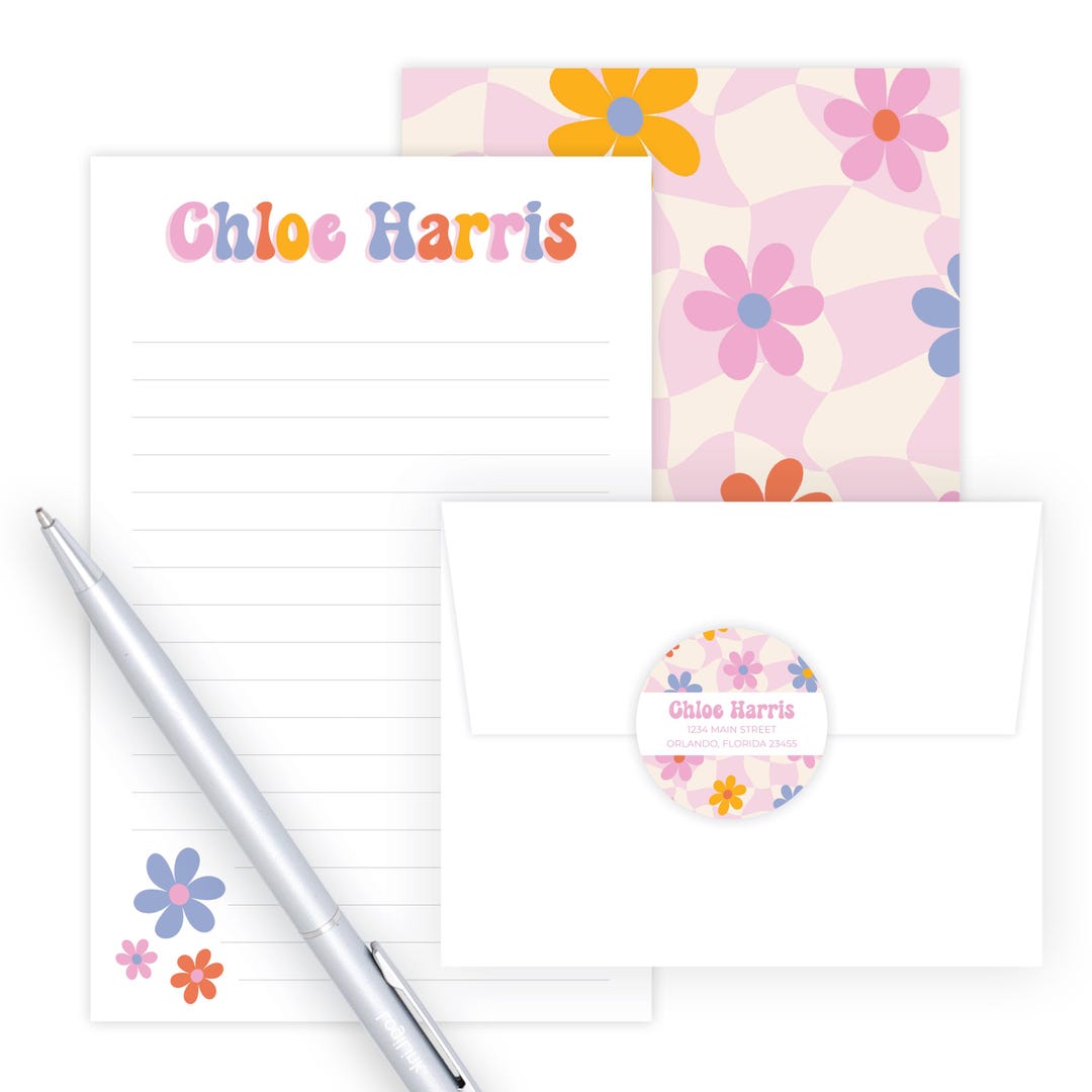 Kids Letter Writing Set | Retro Flower Pink Checkered Girls Stationery ...