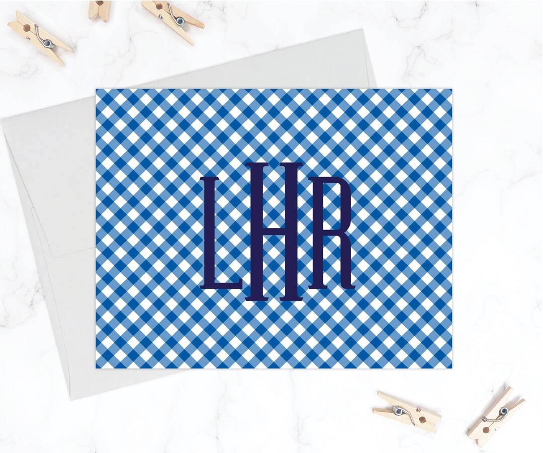 Gingham Monogrammed Stationery Set | Blue Gingham Stationary for Kids ...