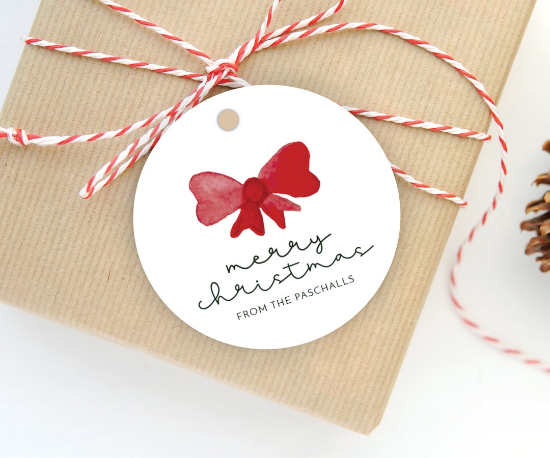 Personalized Christmas Gift Tag | Red Bow Christmas 3" Round Gift Tag ...