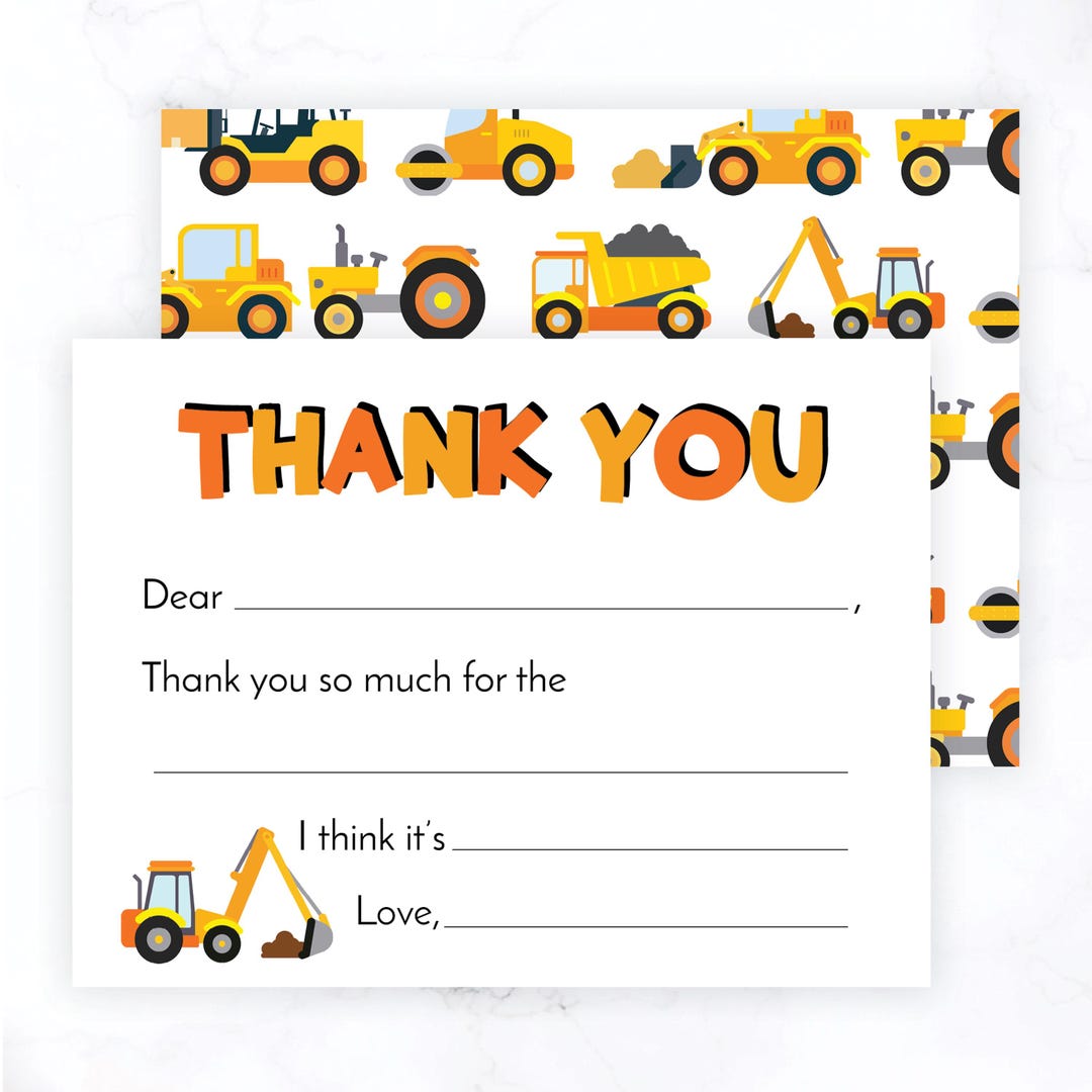 Kids Fill in the Blank Thank You Cards | Construction Thank You Notes ...