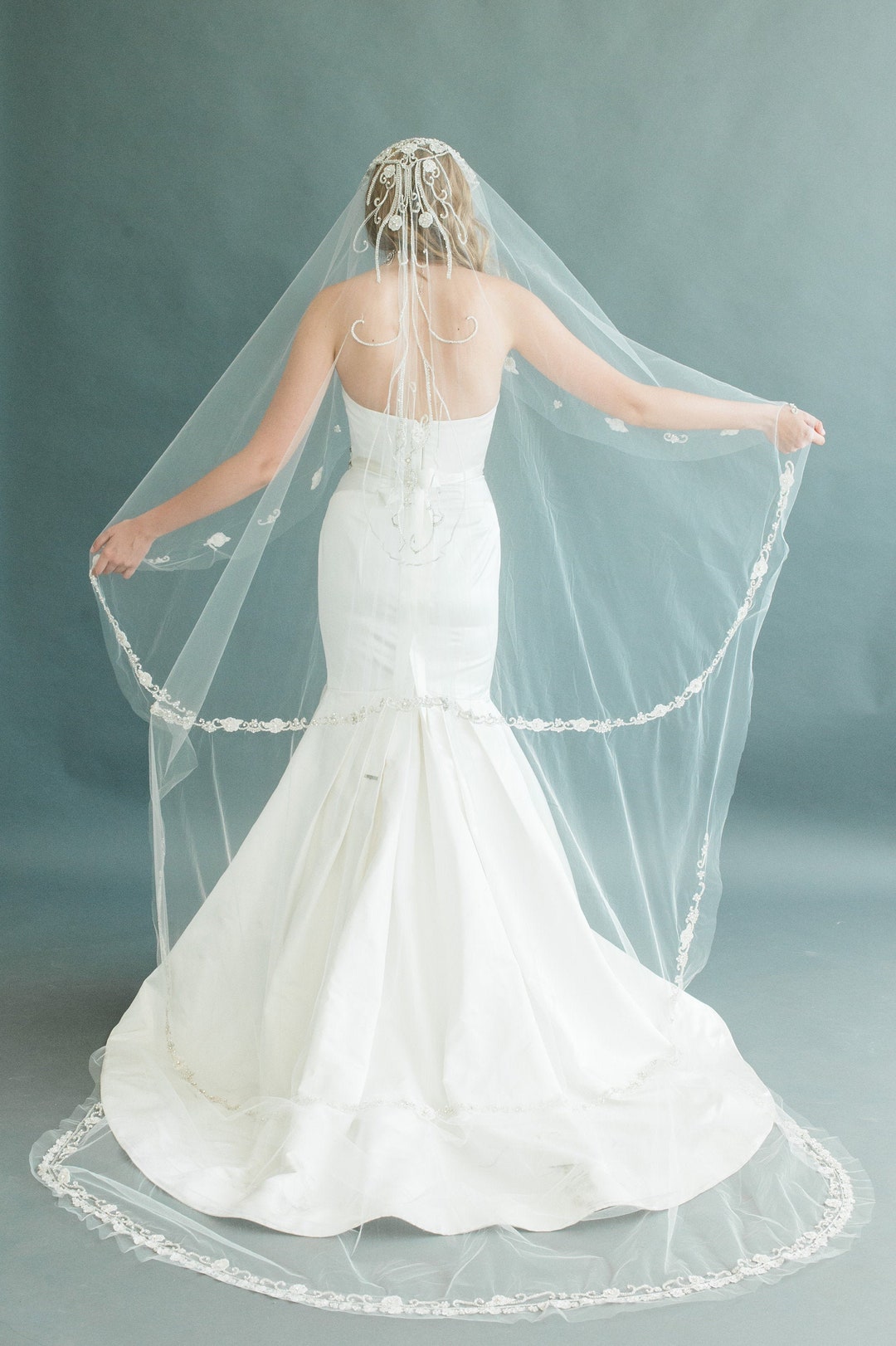 Floral Wedding Veil Beaded Cap Cathedral Veil Flower Embroidered Veil ...