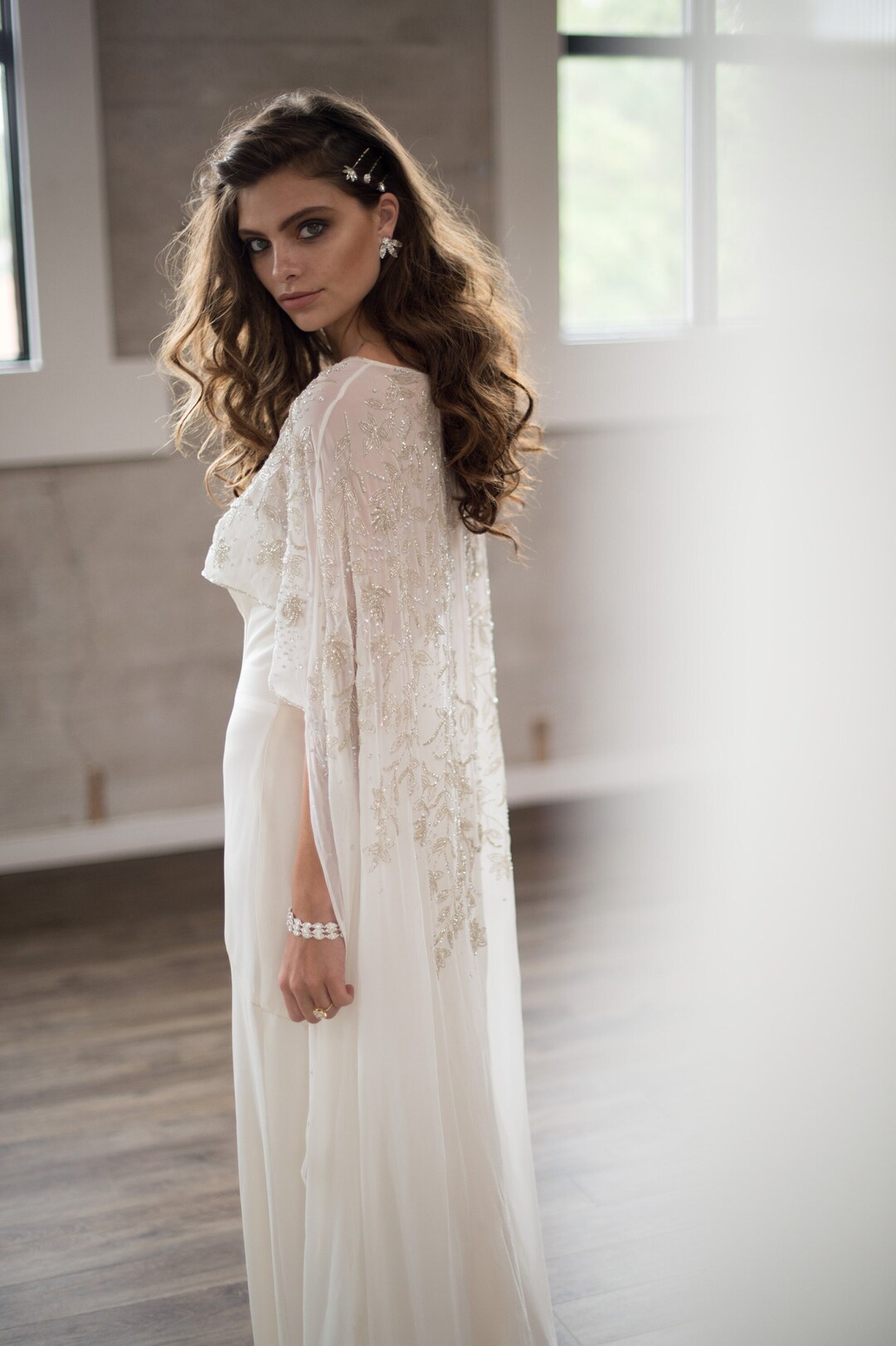 Bridal Cape Veil Beaded Wedding Dress Capelet Floral Lace Bridal Cover ...