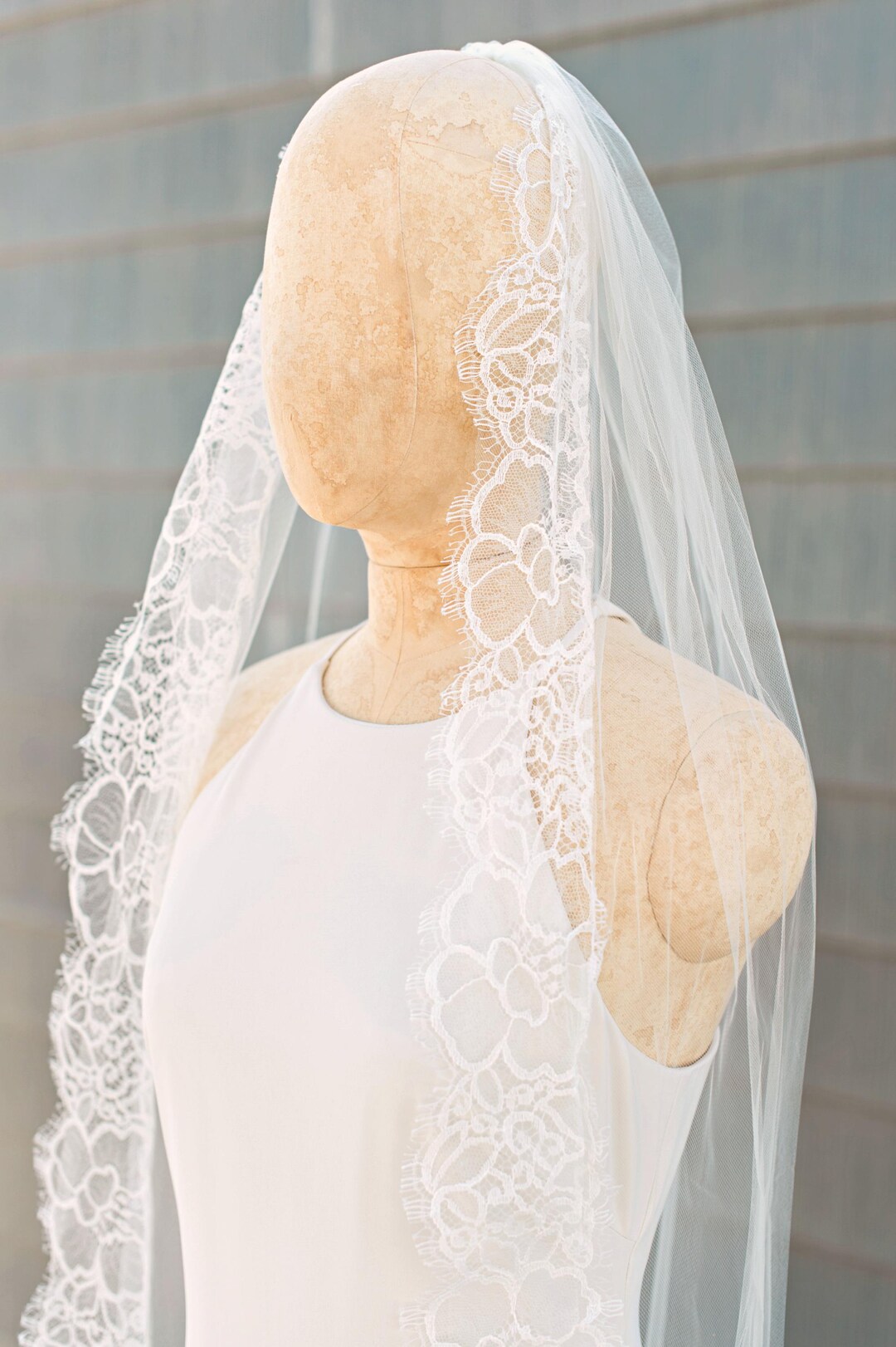 Chantilly Lace Trim Veil Floral Lace Gathered Wedding Veil French Lace ...