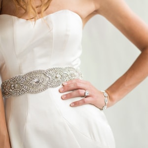 MEGAN SILVER Wedding Belt Bridal Sash, Art Deco Crystal Beaded Wide ...