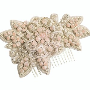EVANGELINE Hair Comb Blush, Bridal Crystal Rose & Leaf Beaded Applique ...