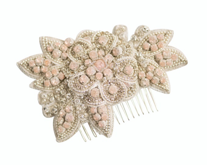 EVANGELINE Hair Comb- Blush, Bridal Crystal Rose & Leaf Beaded Applique ...