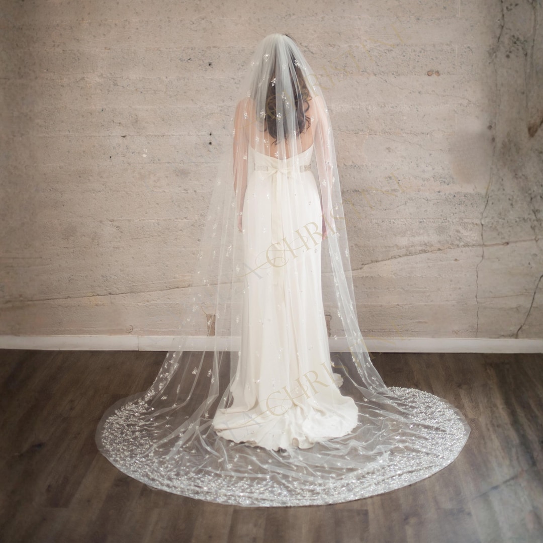 Cascading Pearl Cathedral Veil Crystal Beaded Long Bridal Veil ...
