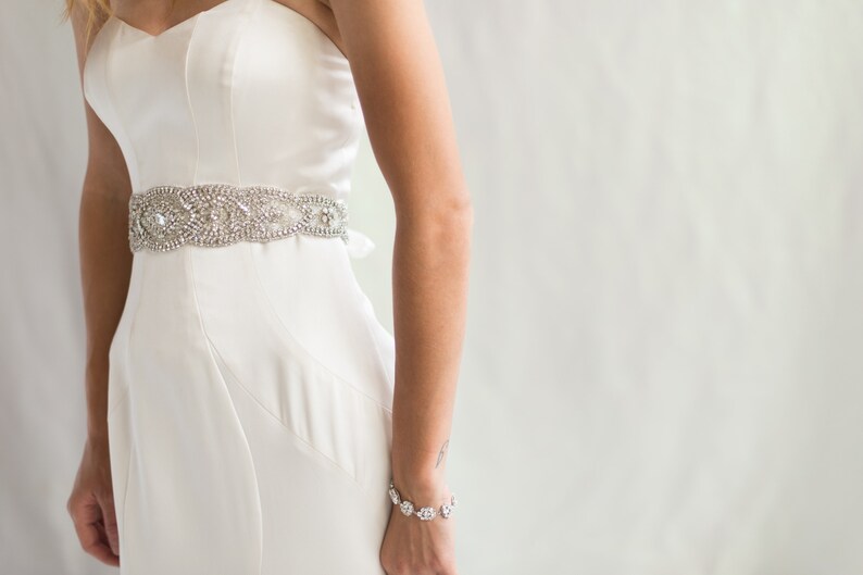 MEGAN SILVER Wedding Belt Bridal Sash, Art Deco Crystal Beaded Wide ...