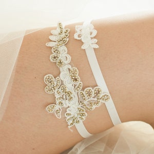 LILI GOLD Wedding Garter, Bridal off White Lace Delicate Crystal Beaded ...