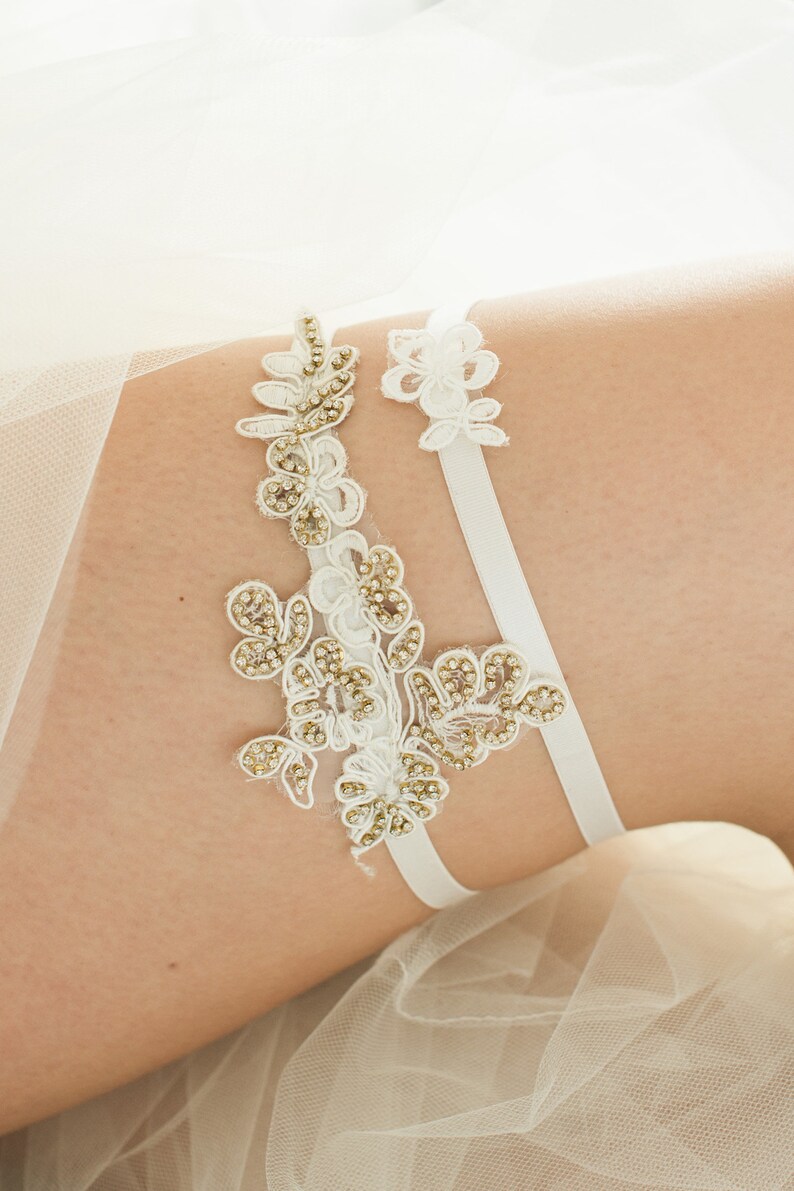 LILI GOLD Wedding Garter, Bridal off White Lace Delicate Crystal Beaded ...