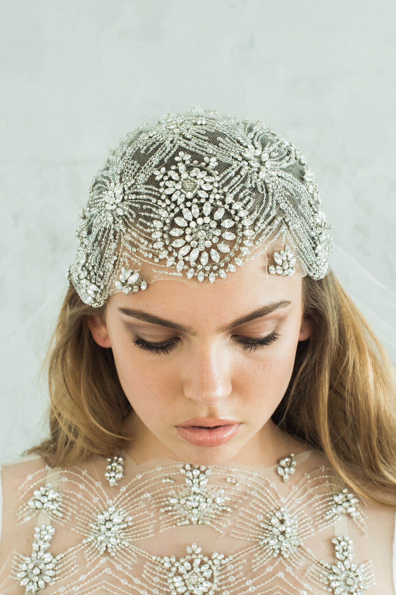 Juliet Cap Wedding Veil Beaded Bridal Veil Art Deco Headpiece Crystal ...