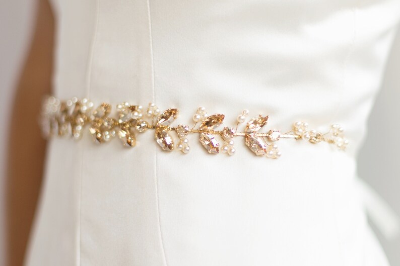 ANIA SASH- GOLD, Swarosvki Crystal & Pearl Vine Wire Wrapped Wedding ...