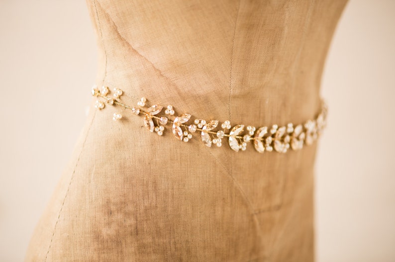ANIA SASH- GOLD, Swarosvki Crystal & Pearl Vine Wire Wrapped Wedding ...