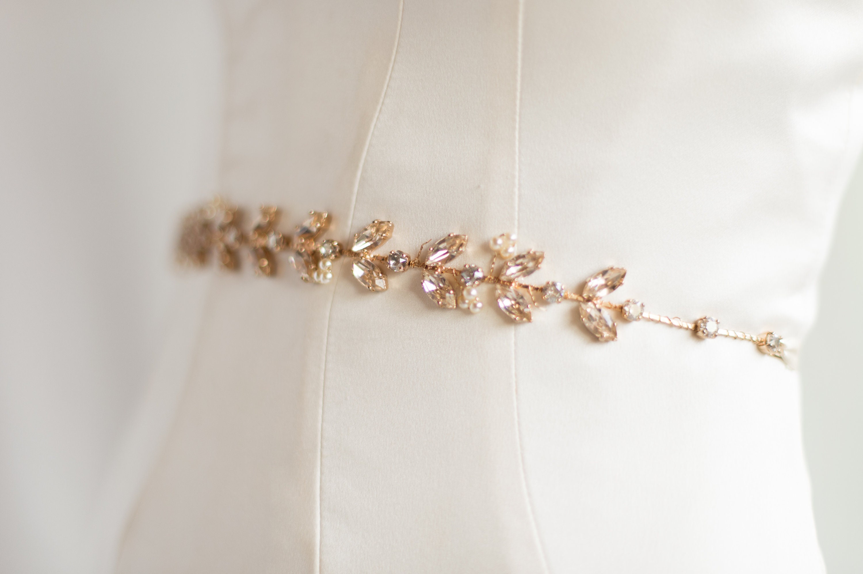 ANIA SASH- GOLD, Swarosvki Crystal & Pearl Vine Wire Wrapped Wedding ...