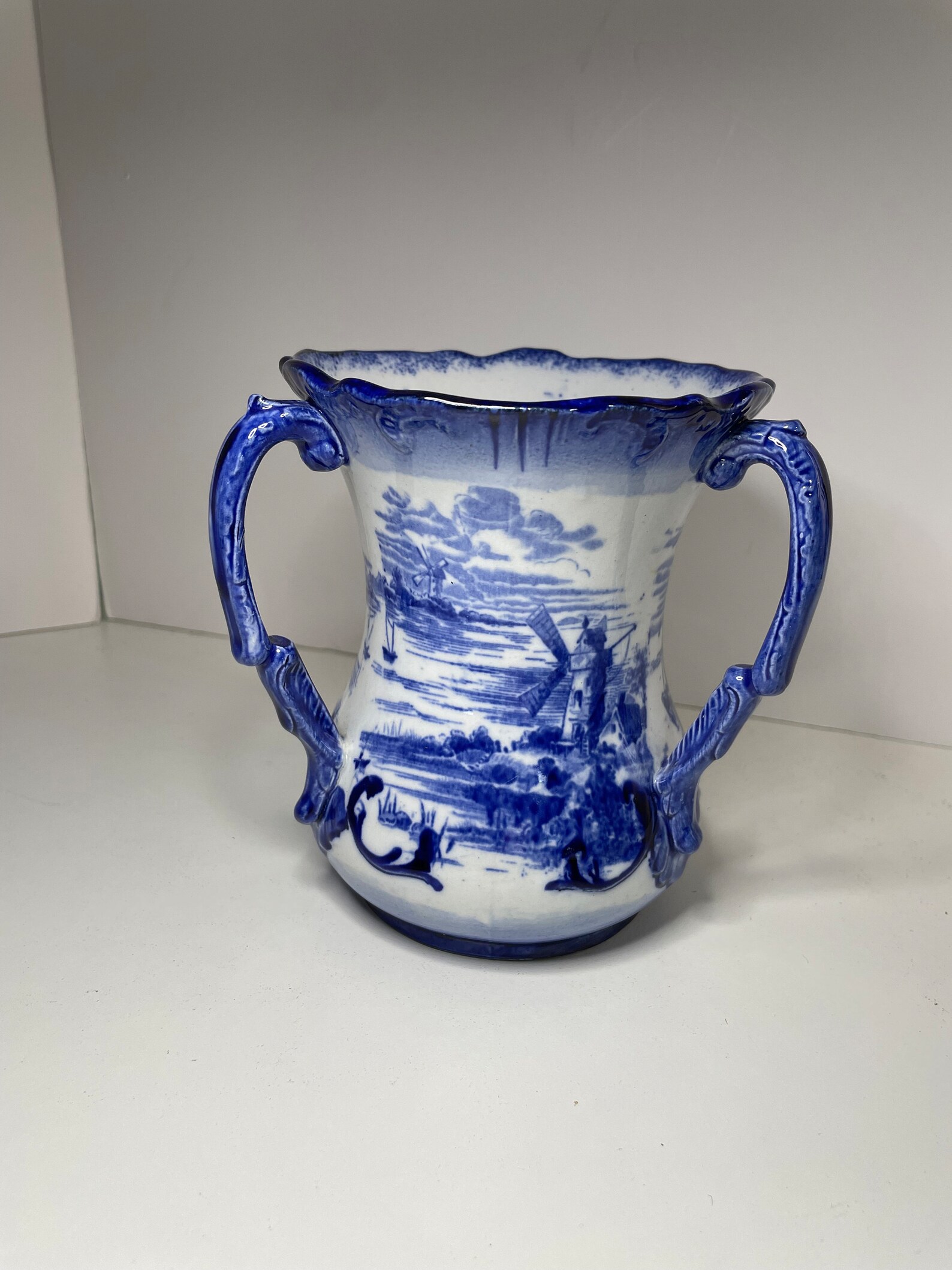 Vintage Empire Works Stoke on Trent Blue & White 3 Handle Vase Dutch ...