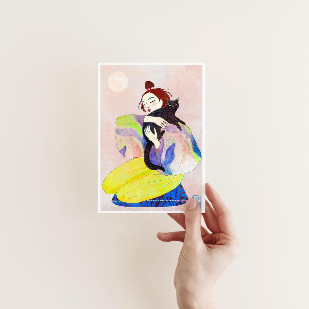Kazu Cat Card – Japanese Vintage Style Illustration – Cute Comforting ...