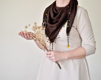 Gypsy Beaded Scarf Boho Black Wrap Scarf Square Cotton | Etsy