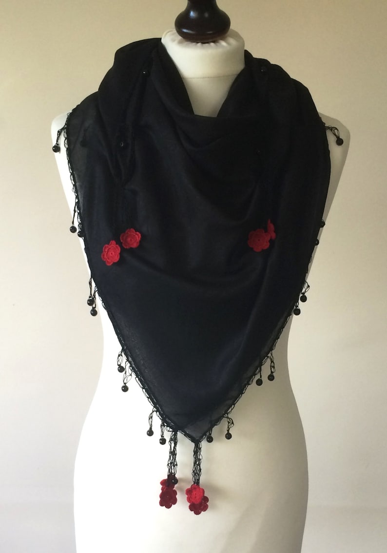 Gypsy Beaded Scarf, Boho Black Wrap Scarf, Square Cotton Scarf, Summer ...