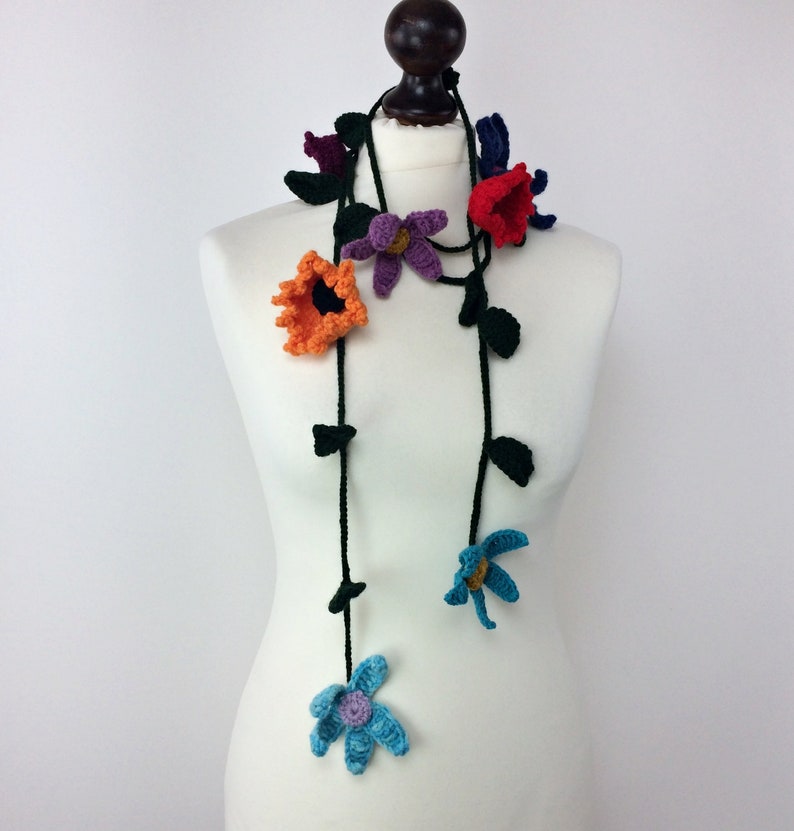 Crochet Floral Scarf Necklace, Boho Wildflower Lariat, Knit Wool ...